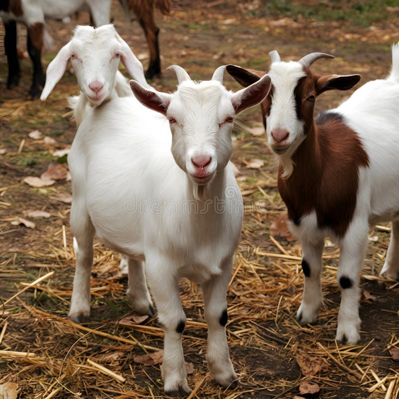 Three Goats, Including One White and Two with White/brown Fur, in Rural ...