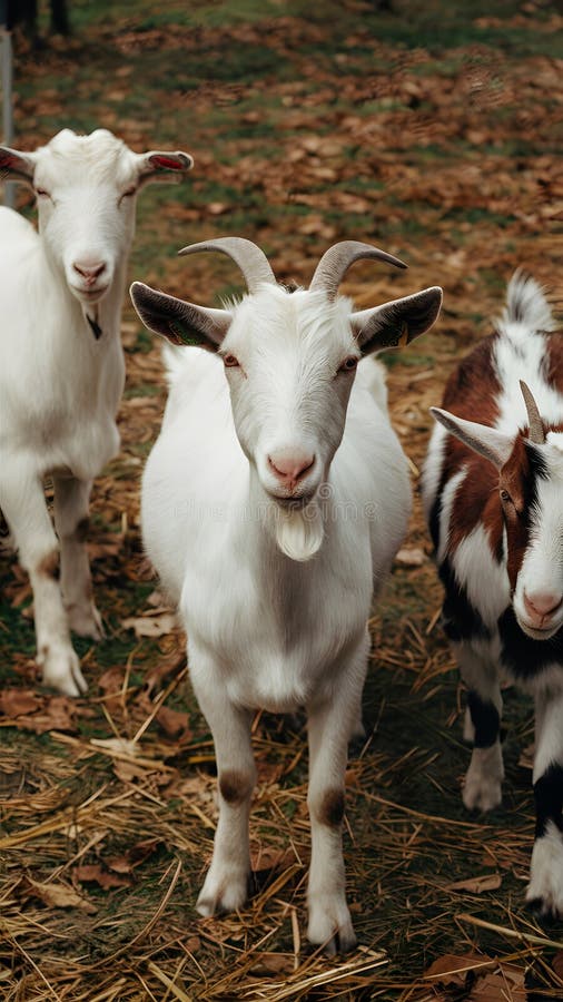 Three Goats, Including One White and Two with White/brown Fur, in Rural ...