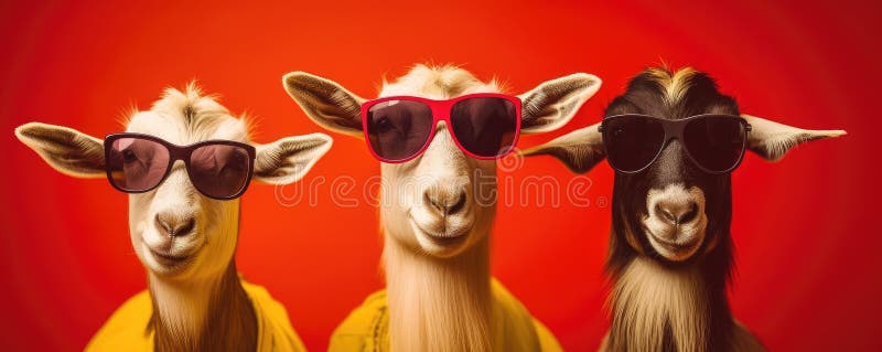 Three Goats Modeling Designer Sunglasses Against a Vivid Orange ...