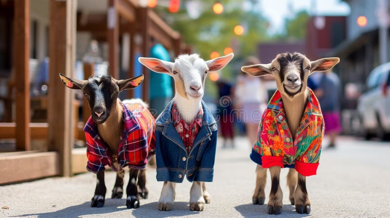 Three Goats Outfitted in Jackets Wandering the Streets of a City Stock ...
