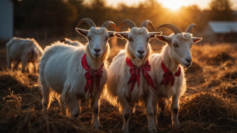 Three Adorable Goats with Red Bows at Sunset on a Farm Stock ...