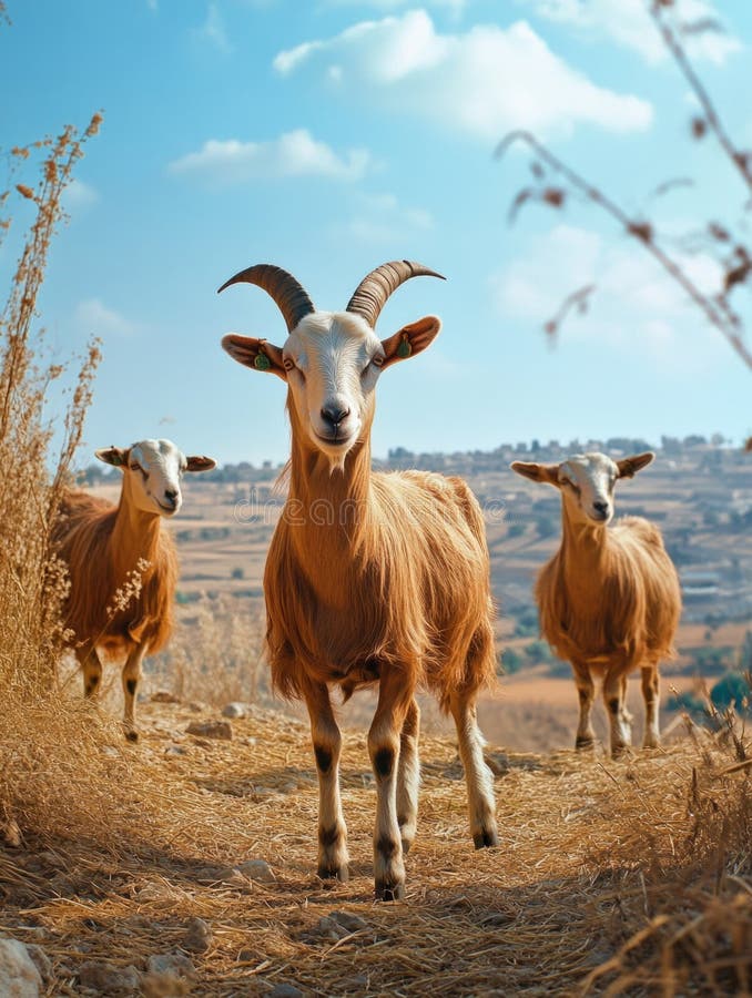 Three Goats Standing in a Field with a Cloudy Sky in the Background ...