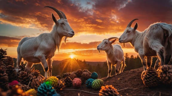 Majestic Goats at Sunset on a Hilltop Stock Illustration - Illustration ...