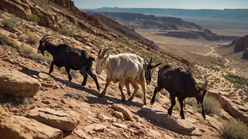 Three Goats Traverse a Rocky Landscape Under a Clear Sky Stock ...
