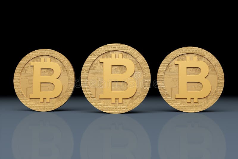 Three Gold Bitcoin Coins on Blue and Black Background Stock Photo ...
