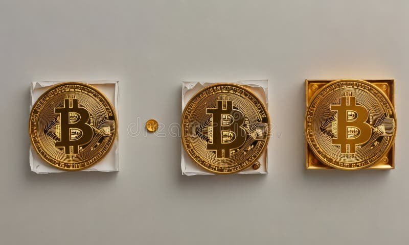 Three Gold-colored Bitcoin Coins are Arranged in Row on White ...