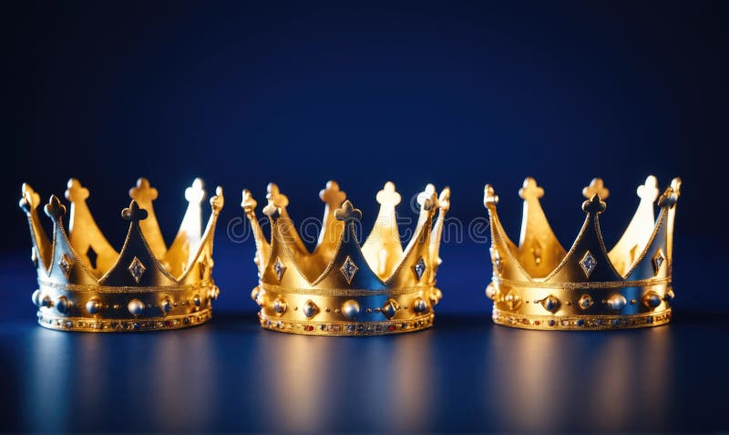 Three Gold Crowns Sit on a Blue Background Stock Photo - Image of ...