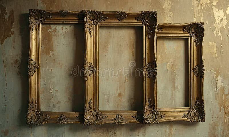 Three Gold Framed Picture Frames are Hanging on a Wall. Stock ...
