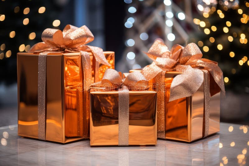 Three Gold Gift Boxes with Bows on a Table in Front of a Christmas Tree ...