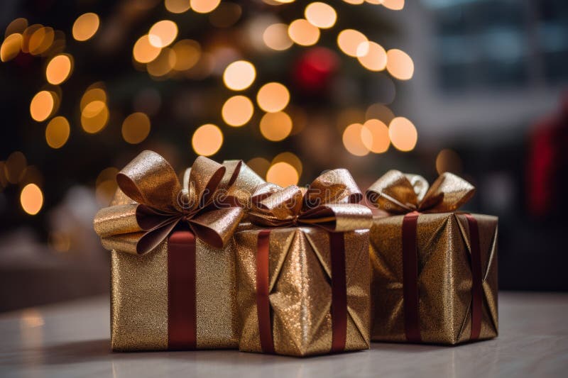 Three Gold Gift Boxes on a Table in Front of a Christmas Tree Stock ...