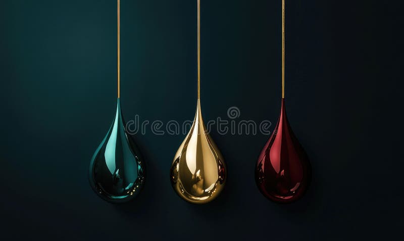 Three Gold and Red Droplets Hanging from a Blue Background Stock ...