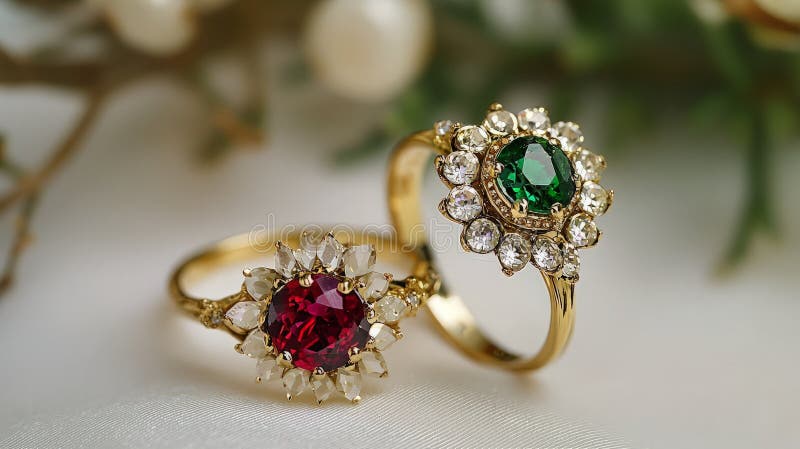 Three Gold Rings with Gemstones on White Background Stock Photo - Image ...