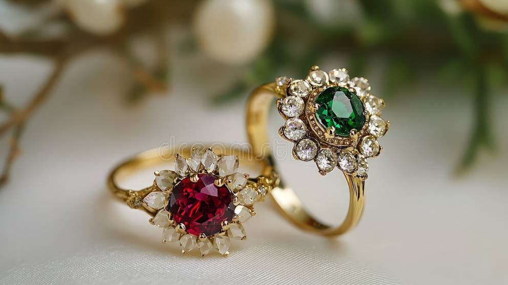 Three Gold Rings with Gemstones on White Background Stock Photo - Image ...