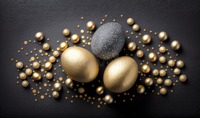 Three Gold and Silver Easter Eggs Surrounded by Gold and Silver Balls ...