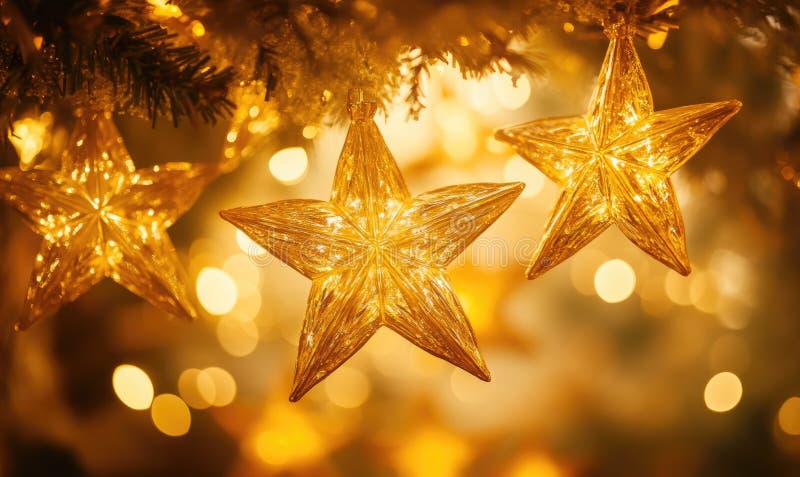 Three Gold Stars Hanging from a Tree Stock Photo - Image of sparkle ...