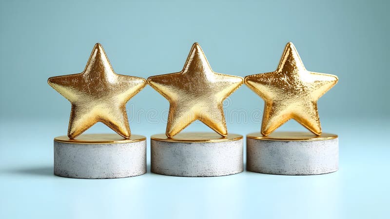 Three Gold Stars on Pedestals 3D Render Stock Illustration ...