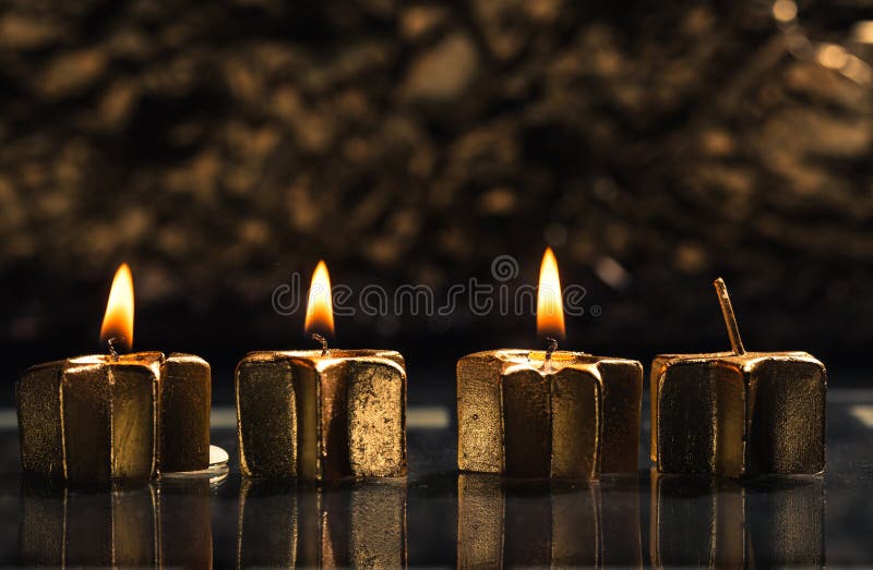 Three Golden Advent Candles Lit with Bokeh Background Stock Photo ... Three Golden Advent Candles Lit with Bokeh Background Stock Photo ...