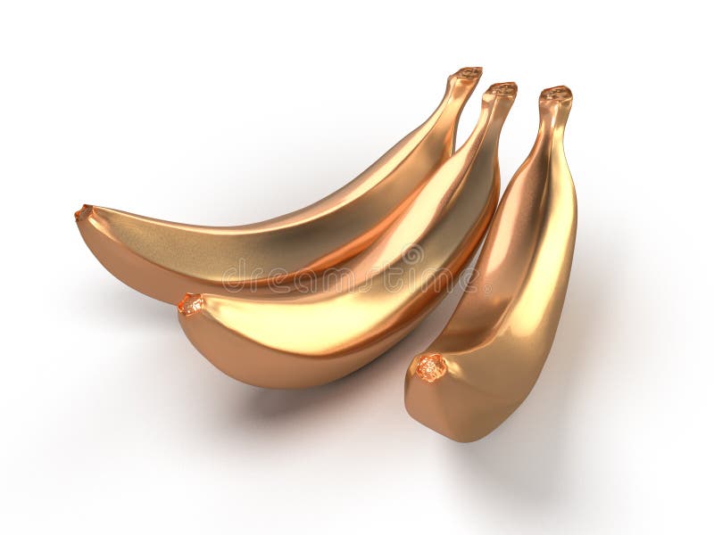 Three Golden Banana 3d Rendering on White Background. Stock ...