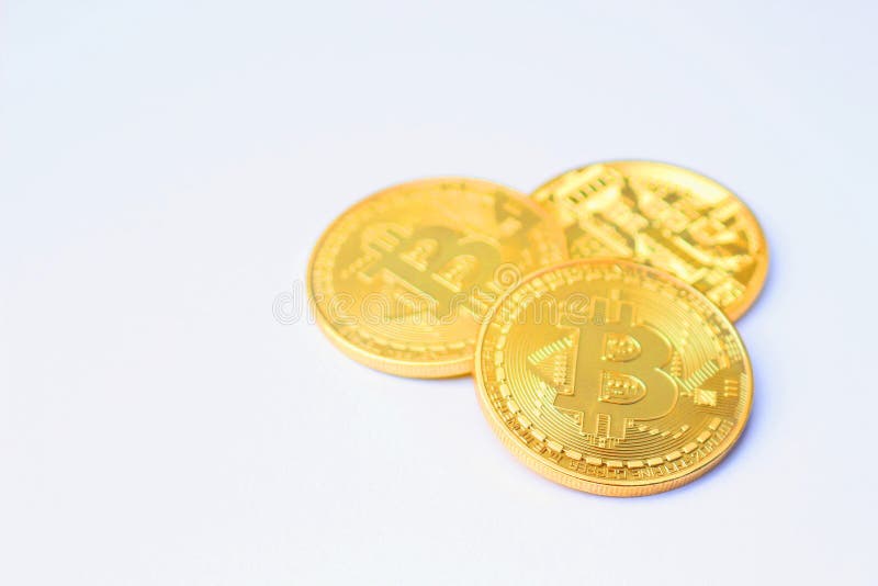 Three Golden Bitcoin Medals on White Stock Image - Image of closeup ...