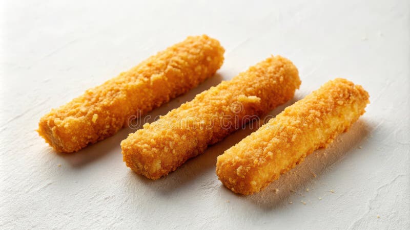 Three Golden-brown Breaded Fish Sticks on a White Surface. Generative ...