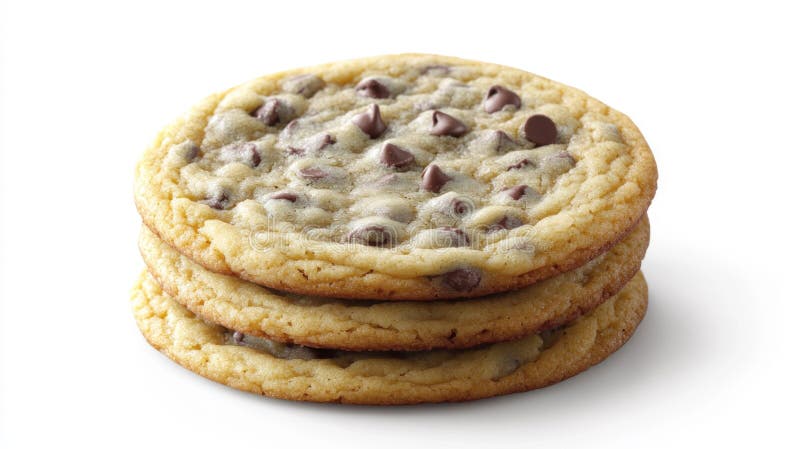 Three Golden Brown Chocolate Chip Cookies on White Background Stock ...