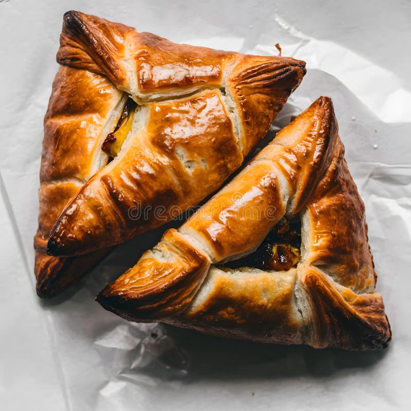 Three Golden Brown Triangular Pastries on White Surface, Inviting with ...