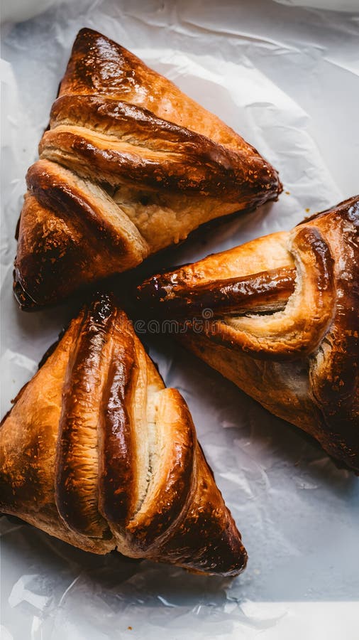 Three Golden Brown Triangular Pastries on White Surface, Inviting with ...