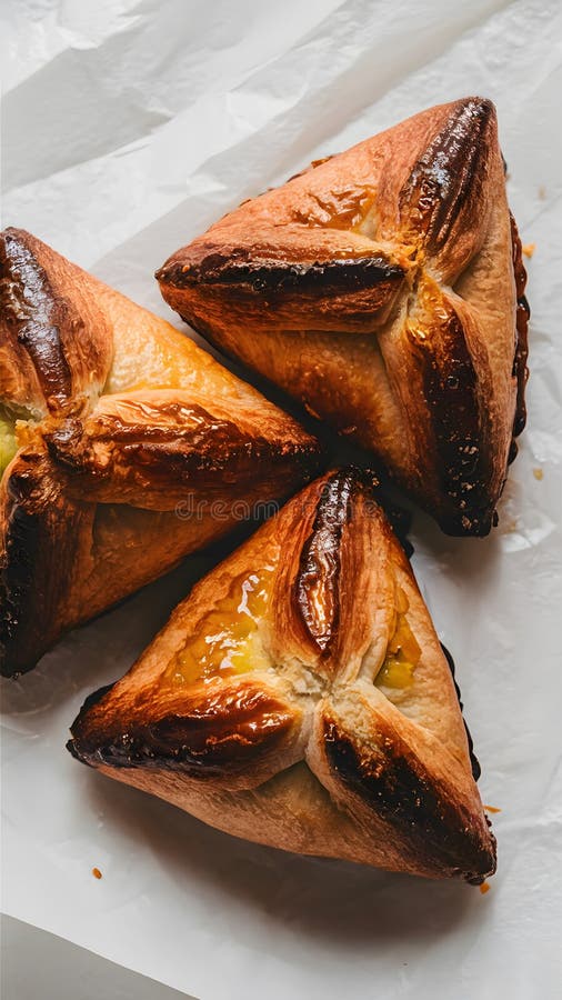 Three Golden Brown Triangular Pastries on White Surface, Inviting with ...