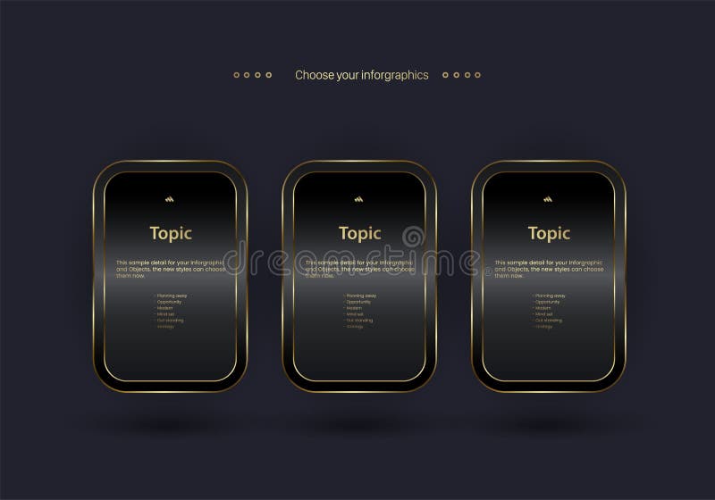 Three Golden Buttons Vector for Work Plans and Options Design, Dark and ...