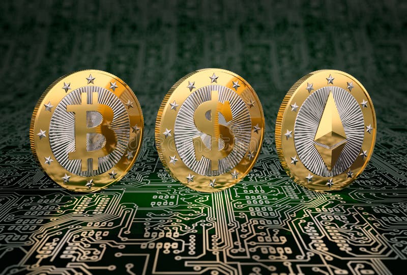 Three Golden Coins - Bitcoin, Dollar and Ethereum Editorial Stock Image ...