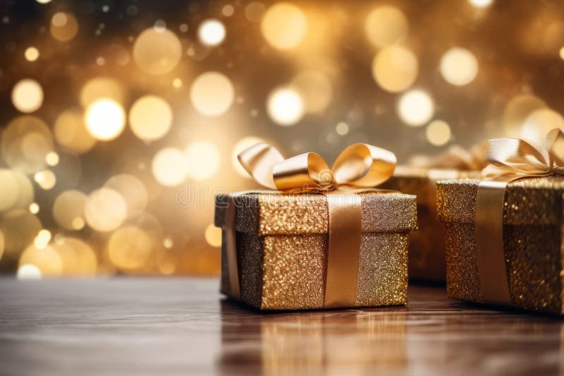 Three Golden Gift Boxes on a Wooden Table with Bokeh Lights Stock ...