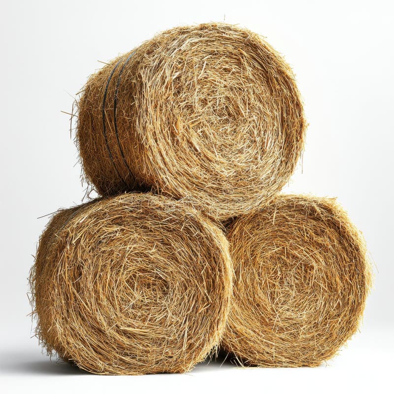 Three Golden Hay Bales Stacked in Triangle on White Background Stock ...