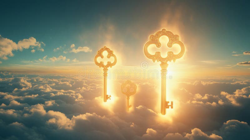 Three Golden Keys Floating Above Clouds at Sunset Stock Illustration ...
