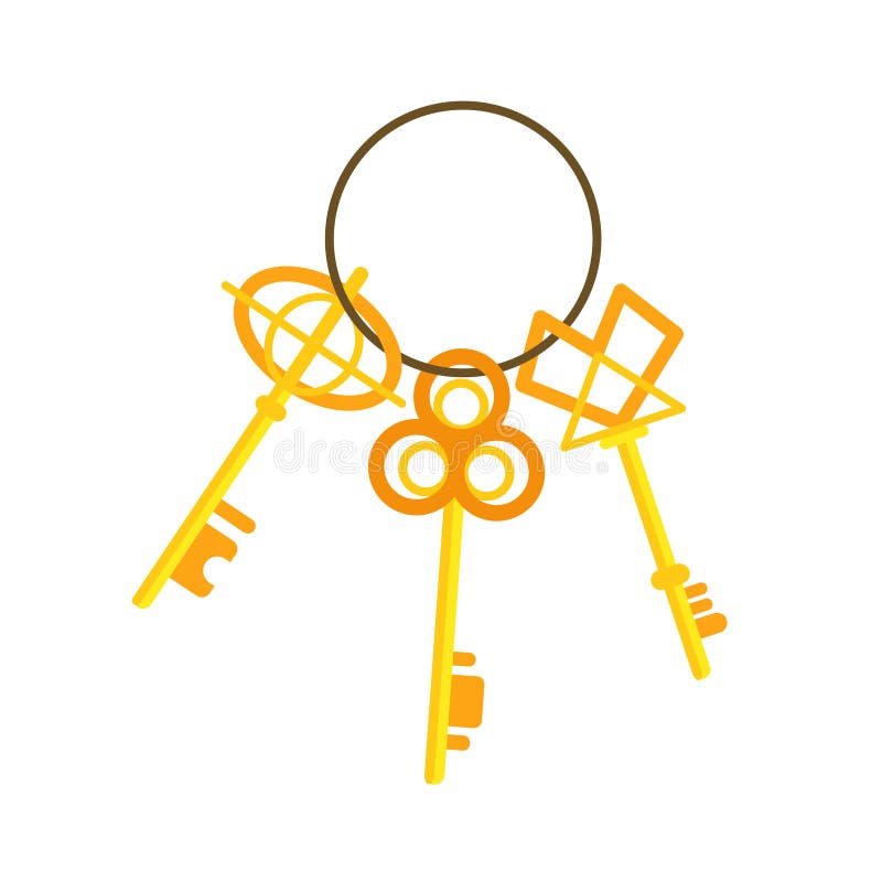 Three Golden Keys Hanging on Ring on White Background Stock ...