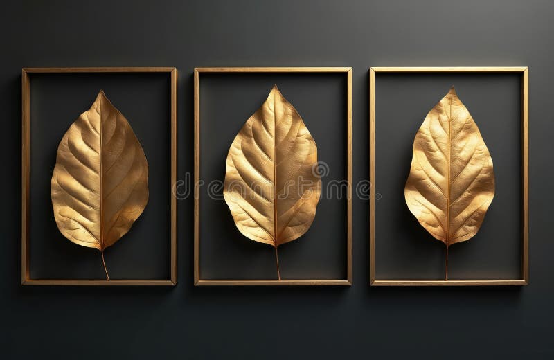 Three Golden Leaves in Square Frames on Black Background. Minimalist ...