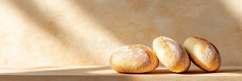 Three Golden, Rustic Bread Rolls Basking in Warm Sunlight on a Textured ...