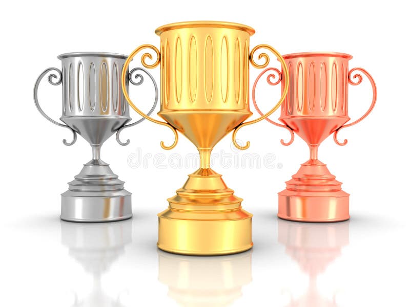 Three Golden, Silver, Bronze Winners Trophy Cups On White Backgr Stock ...