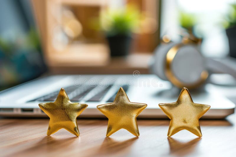 Three Golden Stars of Feedback in Front of Laptop Computer on the Desk ...