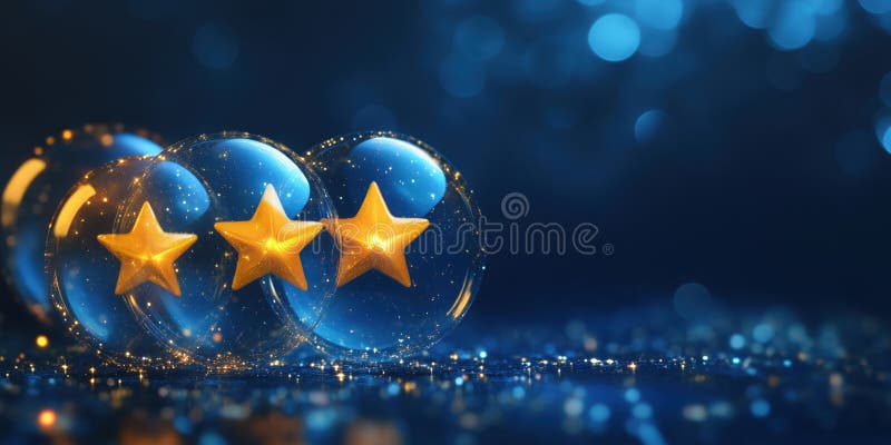 Three Golden Stars in Glass Bubbles on Sparkling Blue Background Stock ...