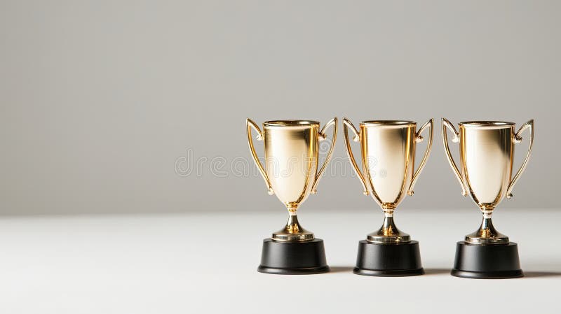 Three Golden Trophies with Black Bases Arranged in a Row on a Light ...