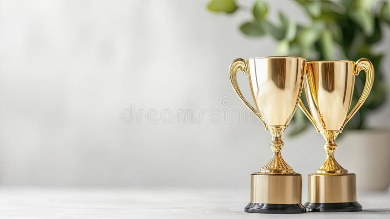 Three Golden Trophies with Black Bases Arranged in a Row on a Light ...