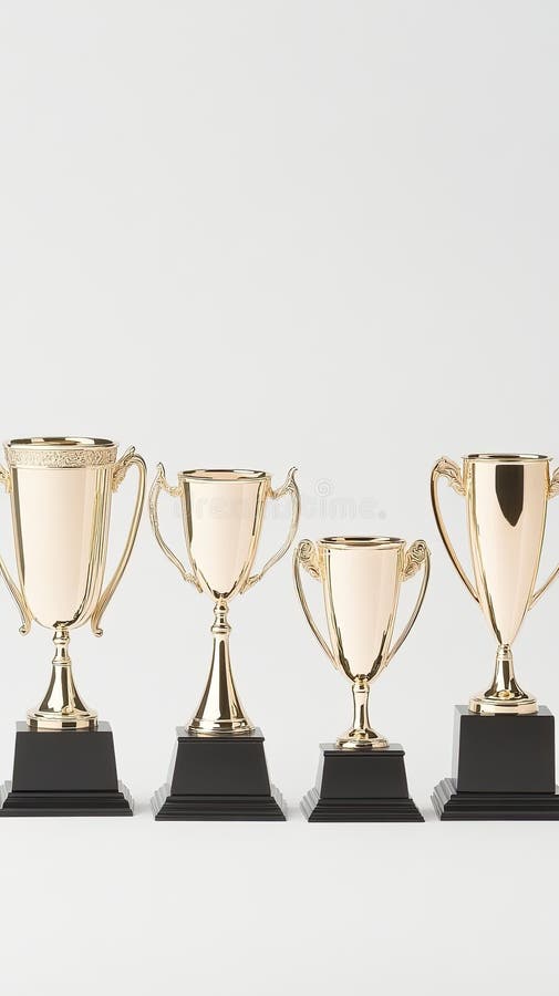 Three Golden Trophies with Black Bases Arranged in a Row on a Light ...