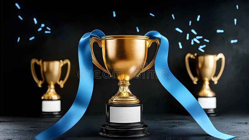 Three Golden Trophies with Blue Ribbons Stock Image - Image of emblem ...