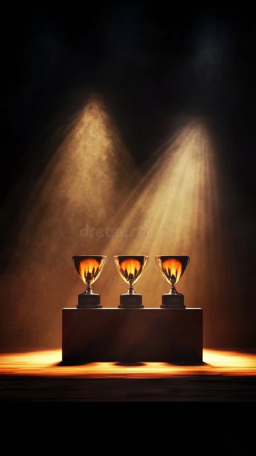Three Golden Trophies on a Pedestal with Dramatic Lighting. Achievement ...