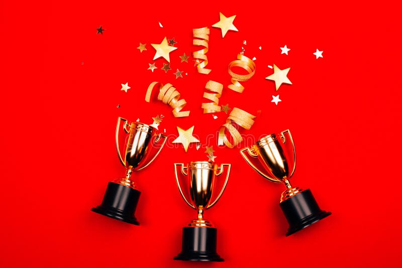 Three golden winner cups stock photo. Image of celebration - 181778990