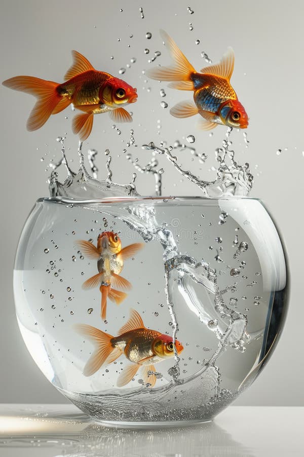 Three Goldfish Swimming in a Bowl of Water with Bubbles Stock Photo ...