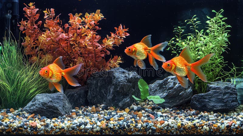 Three Goldfish Swimming in a Freshwater Aquarium with Plants and Rocks ...