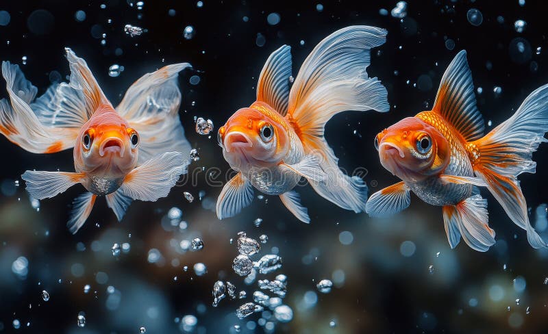 Three Goldfish Swimming in a Tank with Bubbles Stock Image - Image of ...