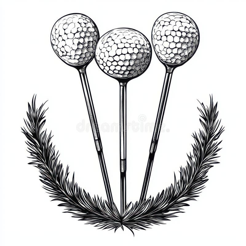 Three Golf Balls on Sticks Framed by Leaves Black and White ...