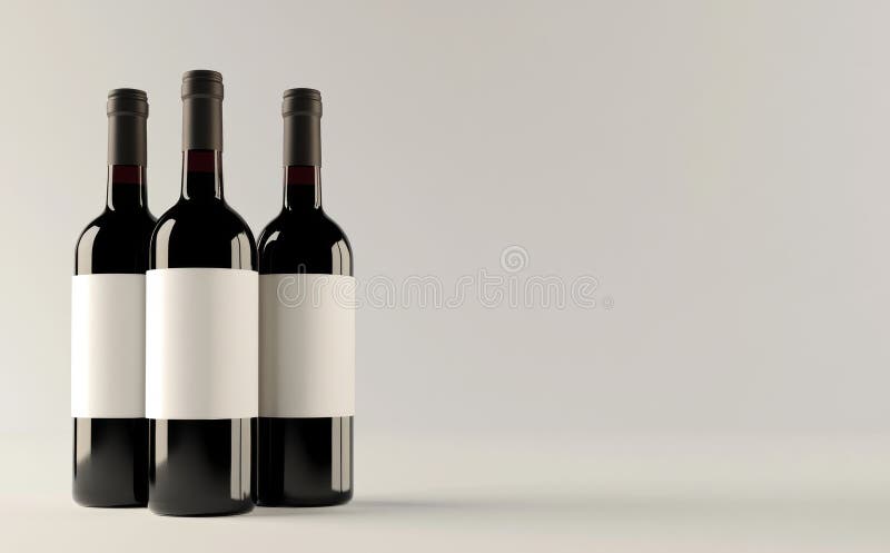Three Graceful Wine Bottles with Basic Labels Arranged in a Tidy Manner ...